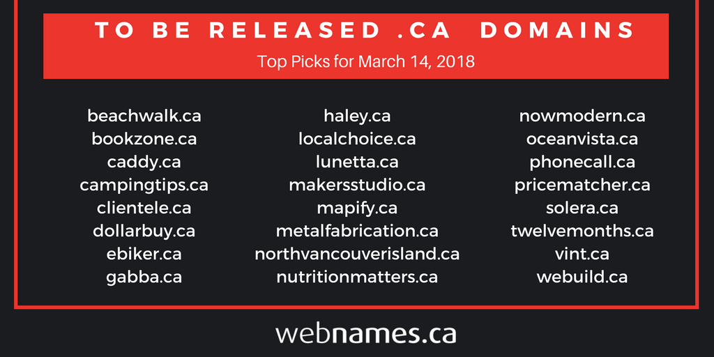 To Be Released dotCA Domains – Our Top Picks for March 14, 2018 ...
